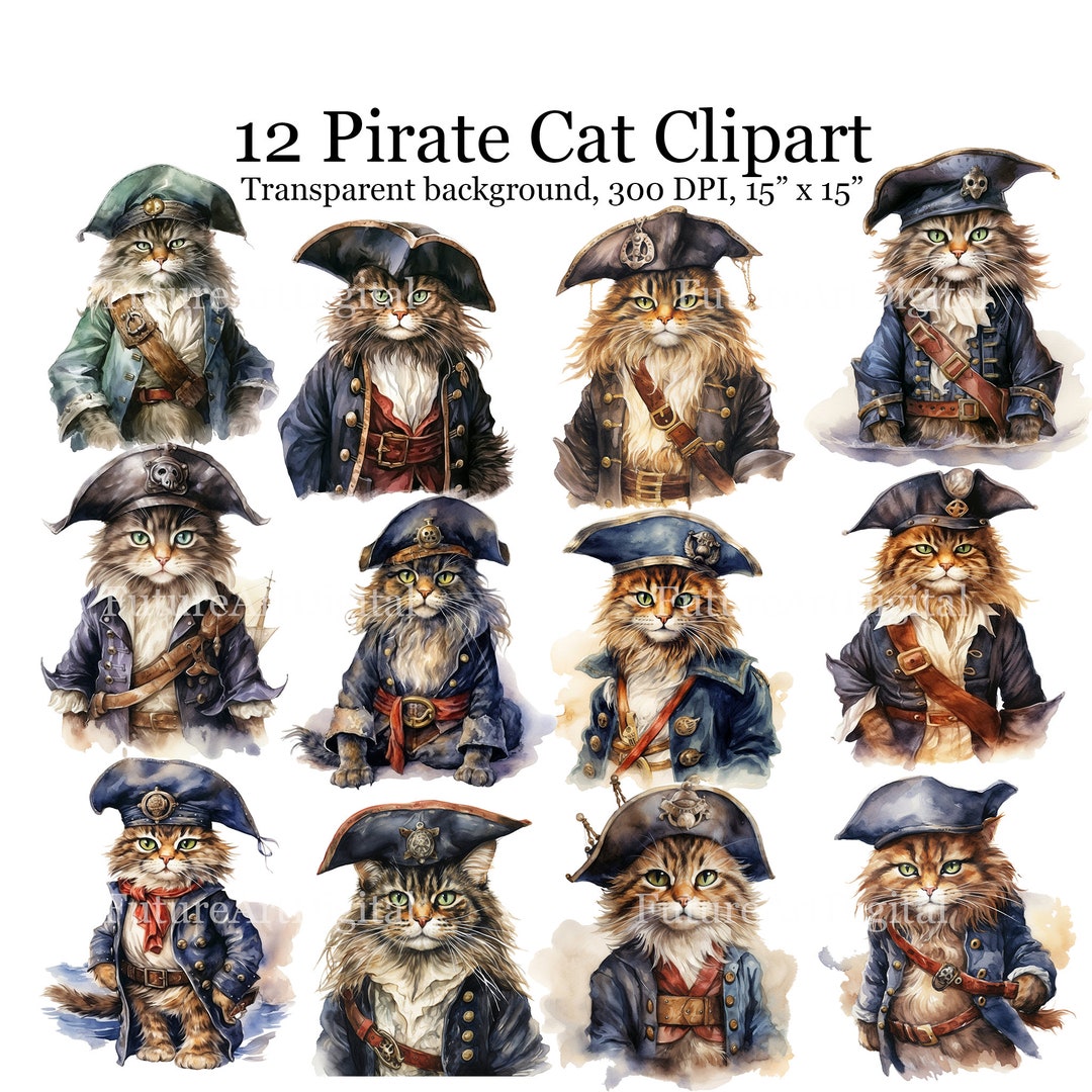 12 Watercolor Pirate Cat Digital Clipart, Cat Sublimation PNG, Pirate ...