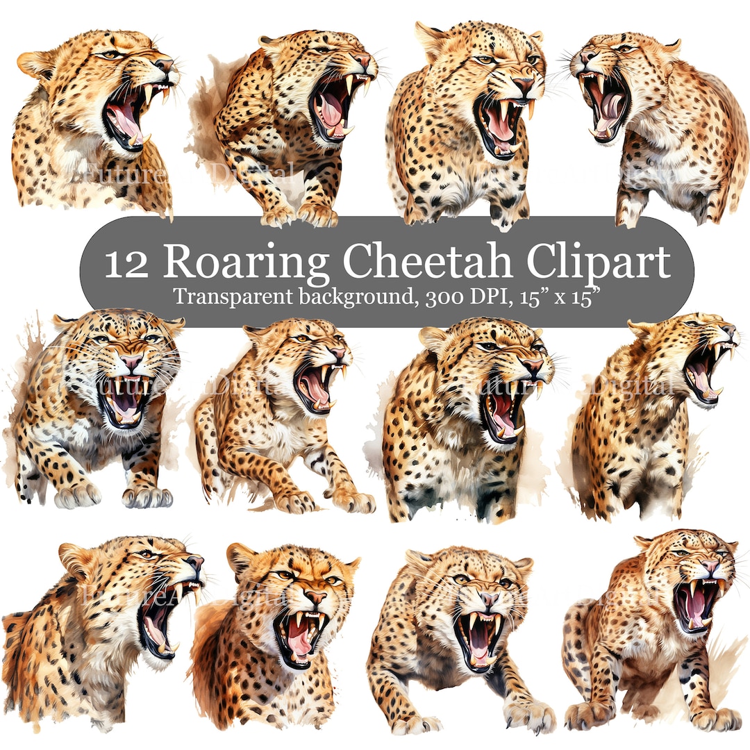 12 Watercolor Roaring Cheetah Digit Clipart, Angy Cheetah Sublimation ...