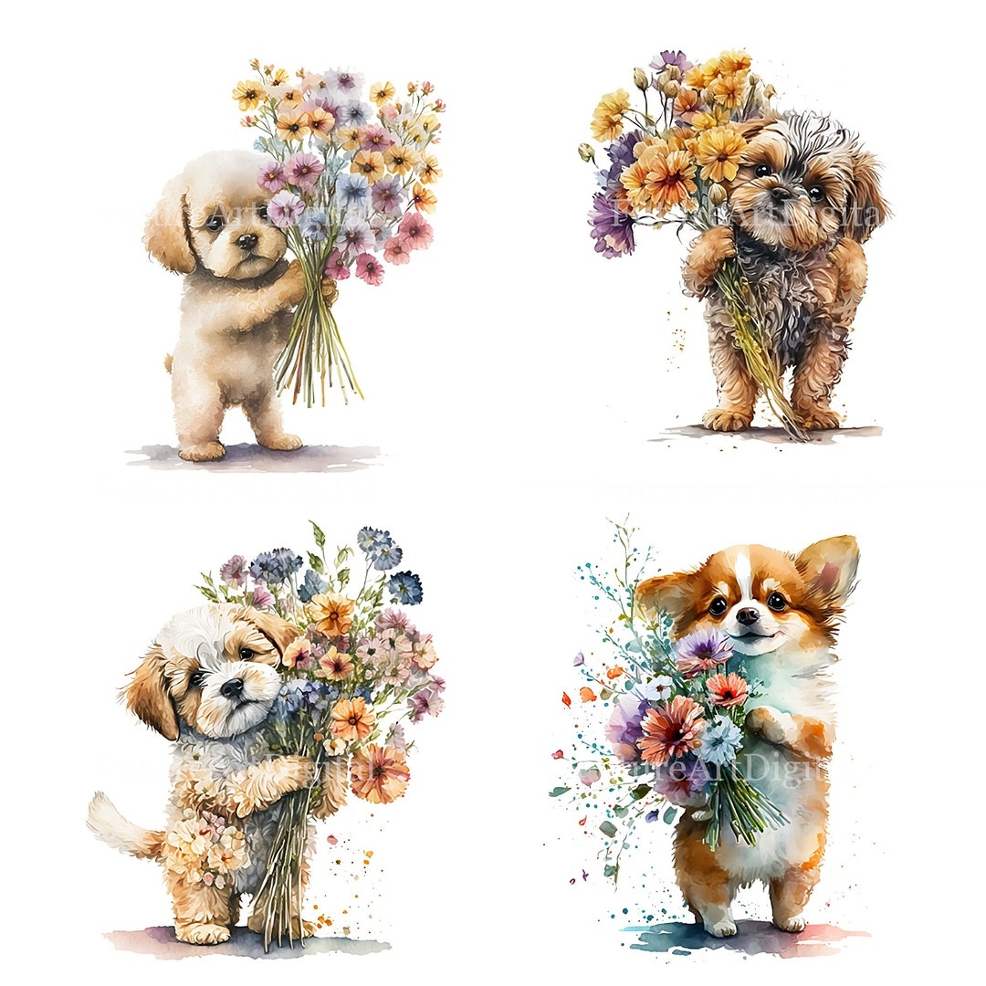 Watercolor Puppy With a Flower Bouquet Digital Clipart, Puppy With ...