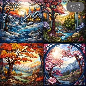 Stained Glass Seasons Clipart Bundle, 4 Seasons Tumble Wrap PNG, Winter ...