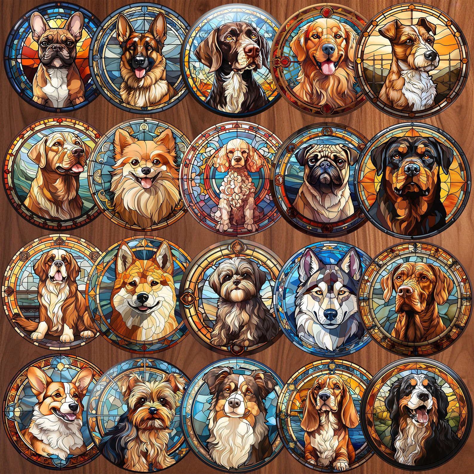 109 Dog Breeds Rounds Stained Glass Clipart, Different Dog Breeds ...
