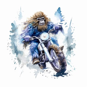 Watercolor Bigfoot Riding a Motorcycle Sublimation PNG, Bigfoot Digital ...