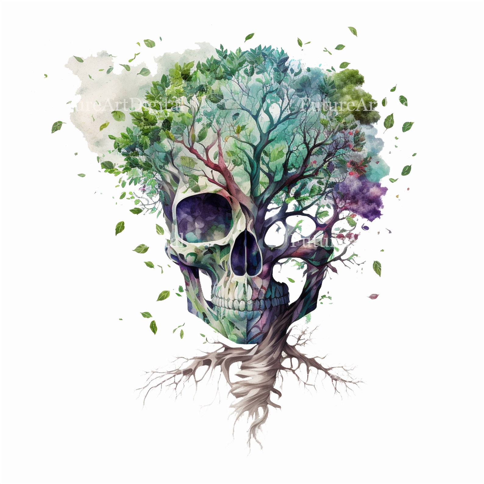 Watercolor Skull With Tree of Life Sublimation PNG Tree of - Etsy