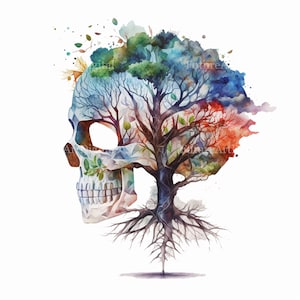 Watercolor Skull With Tree of Life Sublimation PNG, Tree of Life Skull ...