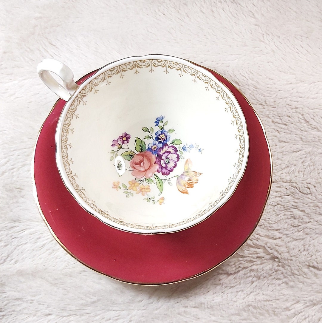 1930s Burgundy Aynsley Floral Teacup & Saucer English Bone China ...