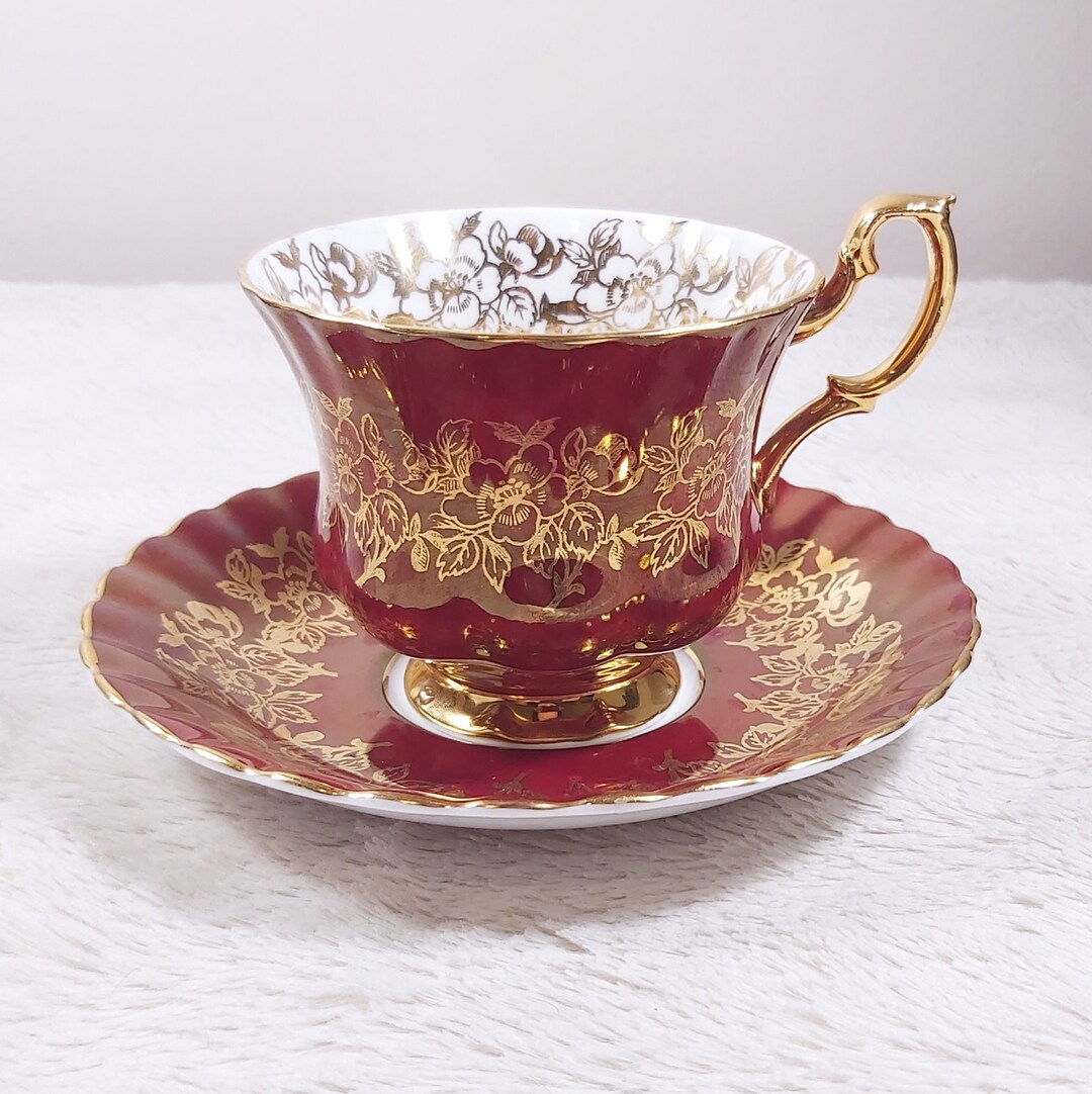Rare Royal Albert Red Garnet and Gold Burgundy Teacup and Saucer ...