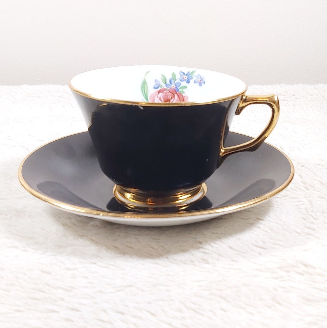 Vintage Black Hazel Sharon Bone China Teacup and Saucer, Floral Gold ...
