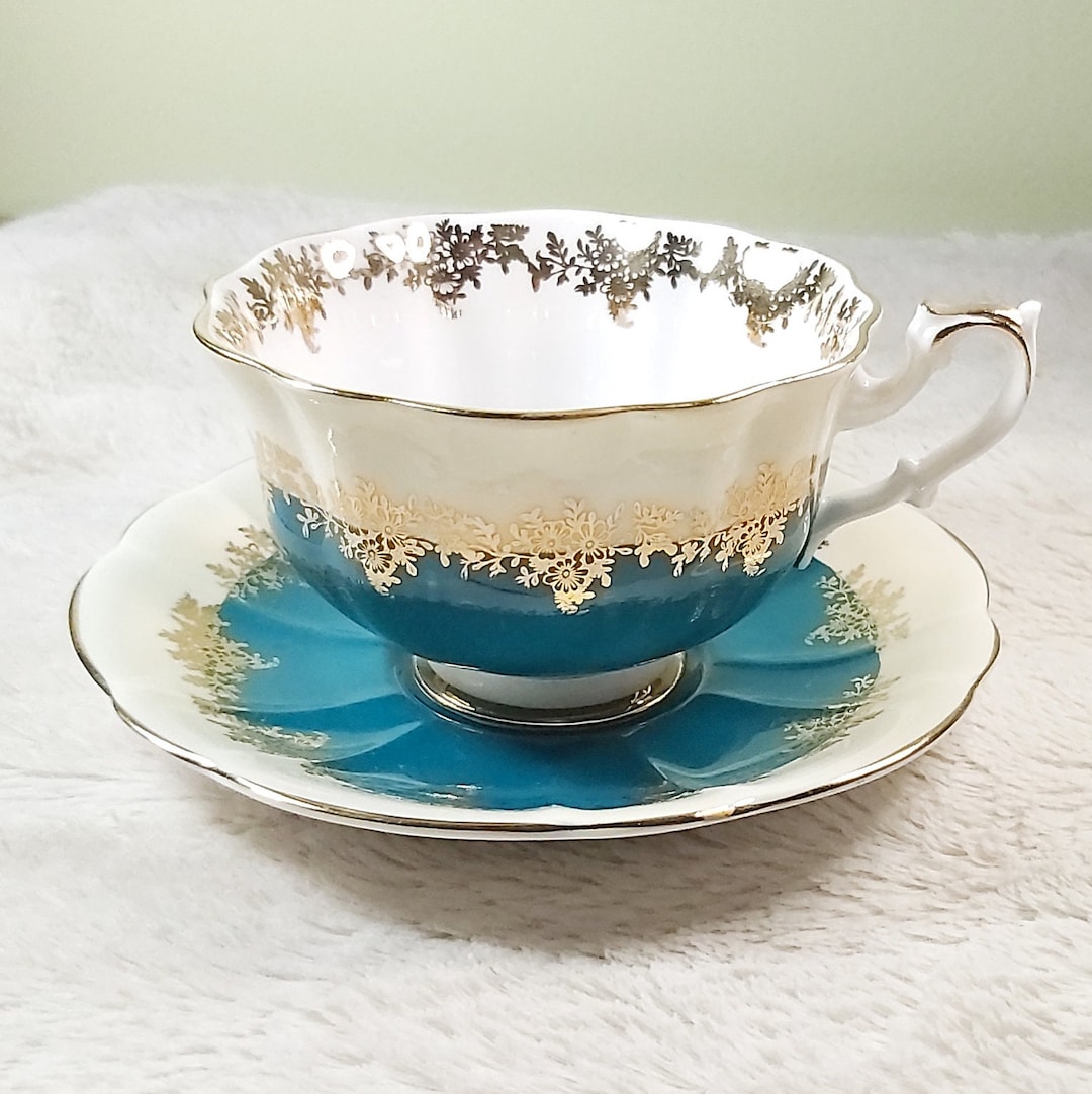 Royal Albert Pompadour Tea Cup and Saucer Set Blue & Beige With Gold ...