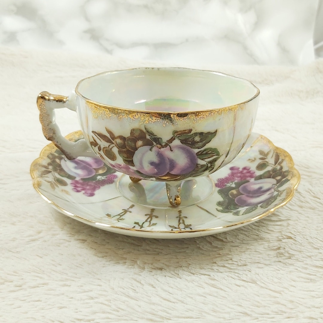 Elegant Iridescent Japanese Footed Teacup & Saucer Set Plum Fruit ...