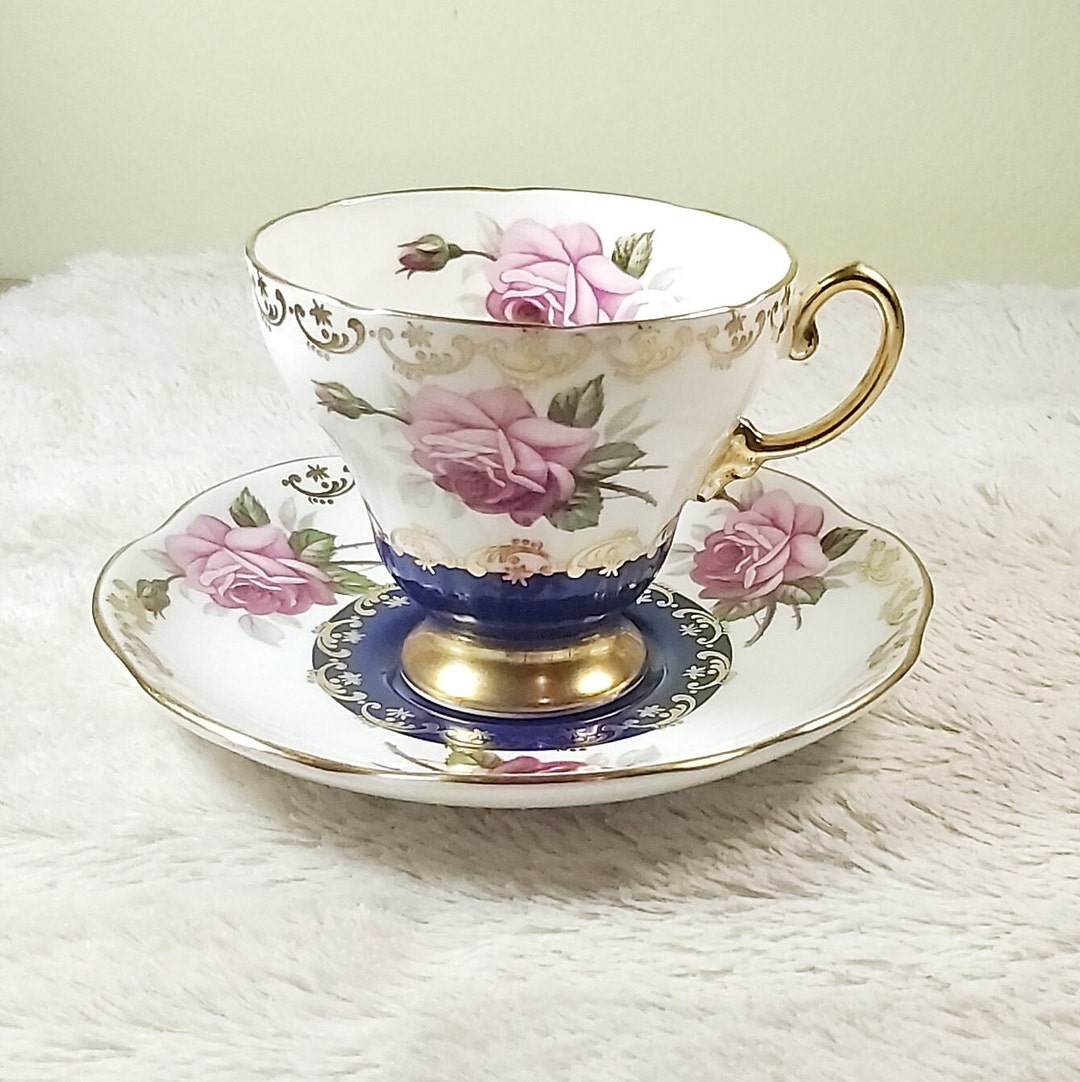 Exquisite EB Foley Rose Teacup and Saucer – Blue Floral & Gold Design ...