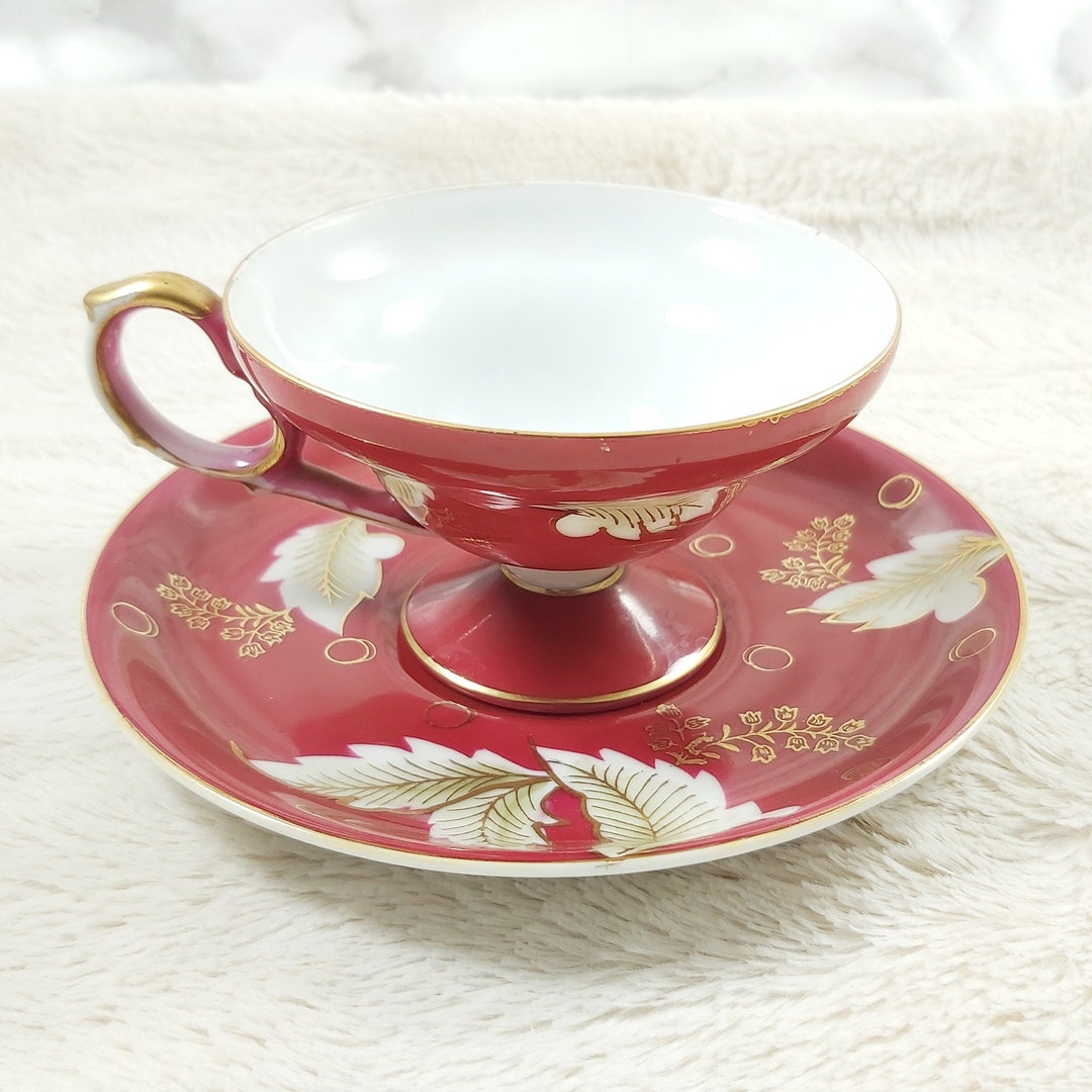 Japanese Wide Mouth Teacup and Saucer, Vintage Red Cerise Tea Set ...