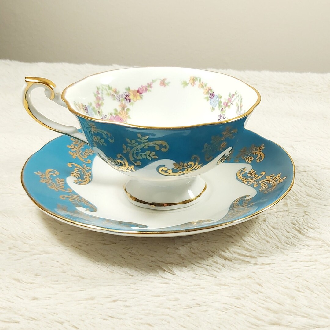 Vintage Rosina Blue Emperor Teacup & Saucer Set English Bone China Wide ...