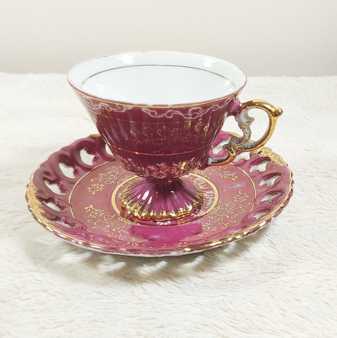 Garnet Gold JAPANESE Footed Teacup and Saucer, Elbro Hand Decorated - Etsy