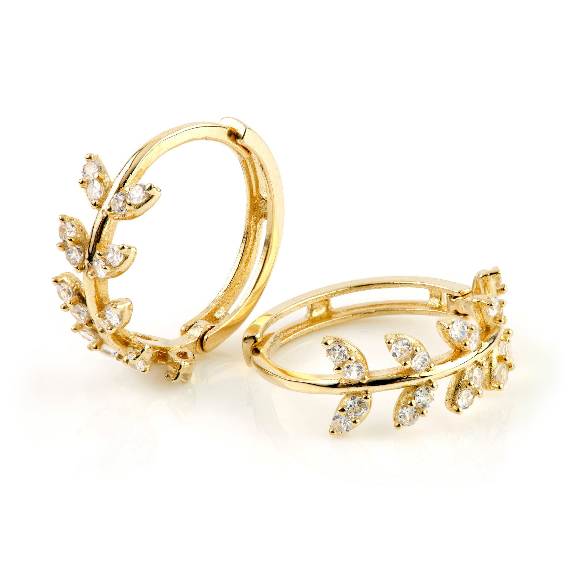 9ct Gold Crystal Leaf Gem 12mm Huggie Earring - Etsy UK