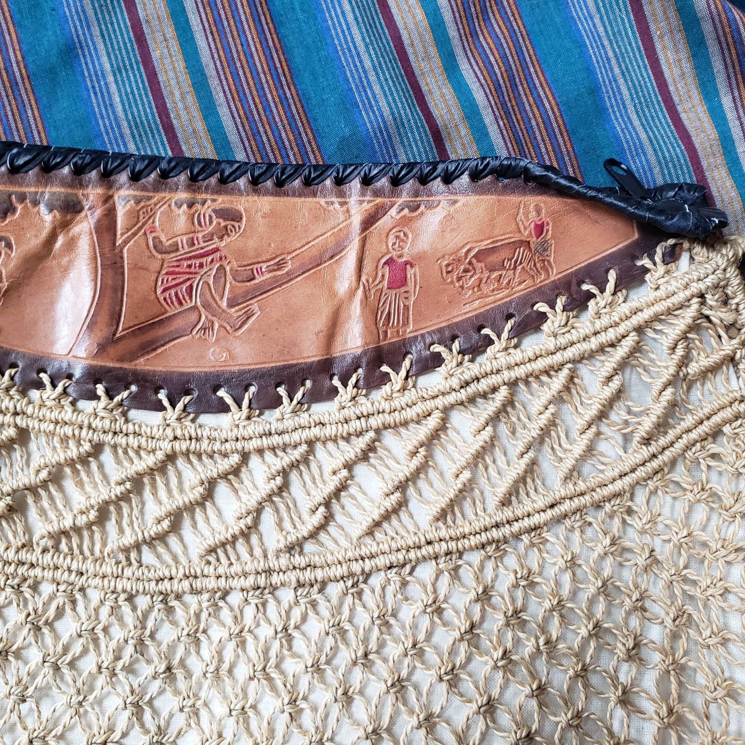 Vintage Macrame & Leather Round Shoulder Bag // Single Strap Woven Tote ...
