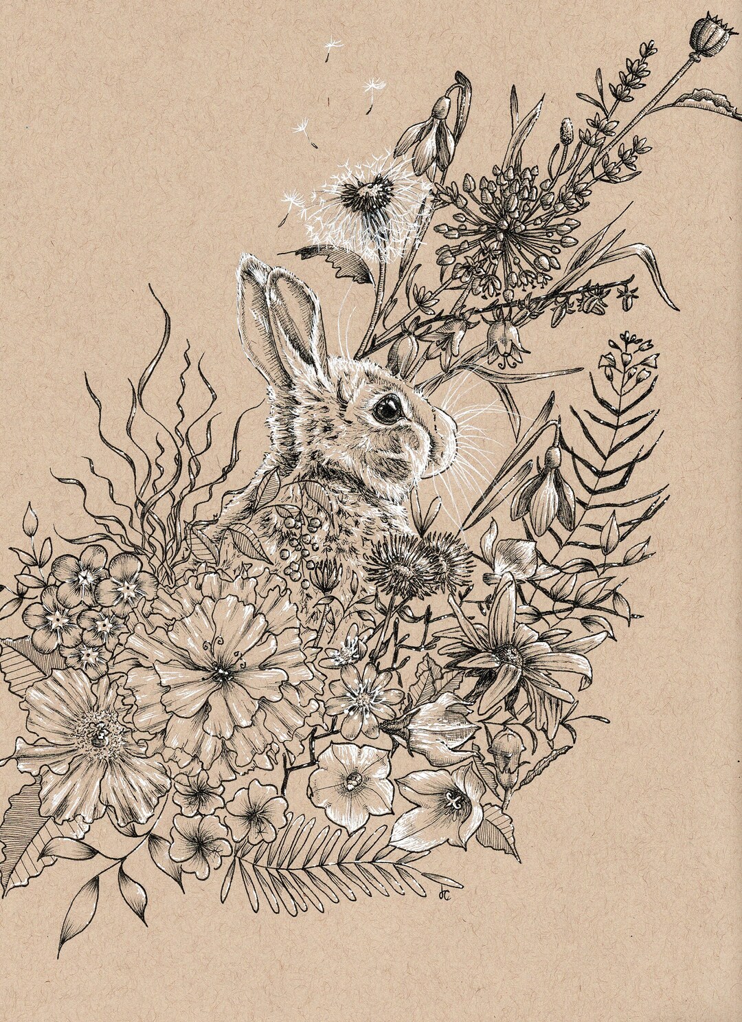 Rabbit Art Print, Bunny Drawing, Nature Art, Floral Animal Drawing ...