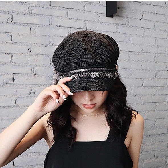 Black Gothic Punk Cap, Beret for Punk Girl, Straw Octagonal Cap Hat ...