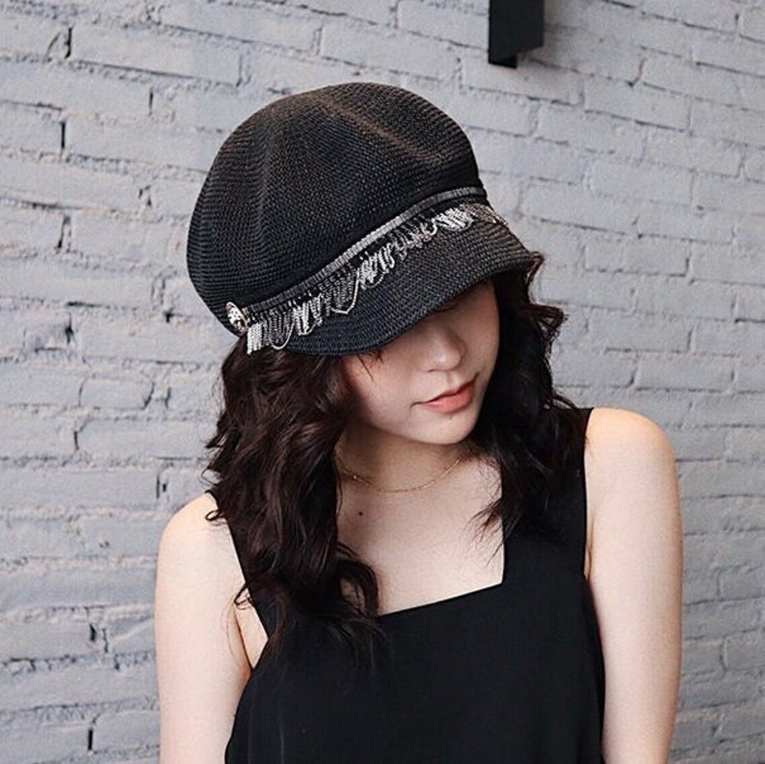 Black Gothic Punk Cap, Beret for Punk Girl, Straw Octagonal Cap Hat ...