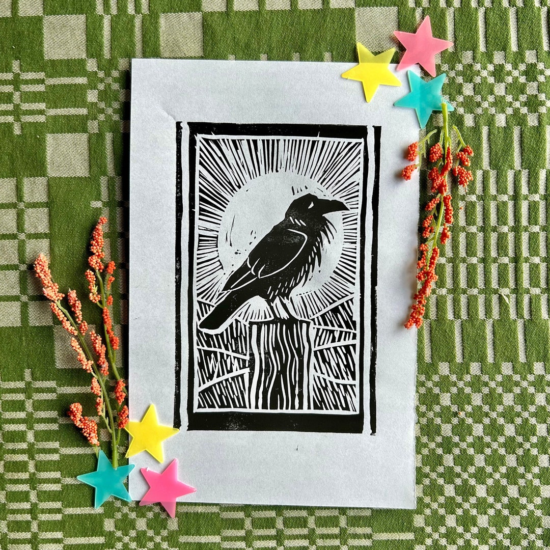 Common Raven Block Print - Etsy