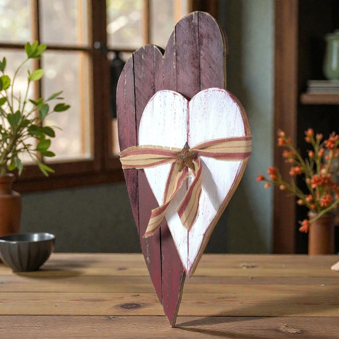 Heart Door Hanger Primitive Layered Wooden | 18” Rustic Farmhouse Decor ...