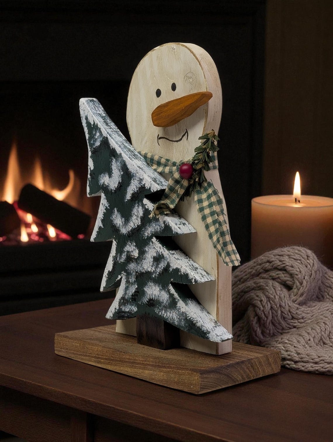 Handmade Wooden Self Standing Snow Man With Crooked Christmas Tree by ...