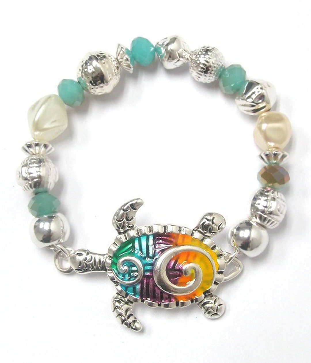 Sea Turtle Beach Theme Silvertone Textured and Rainbow Colored Enamel ...