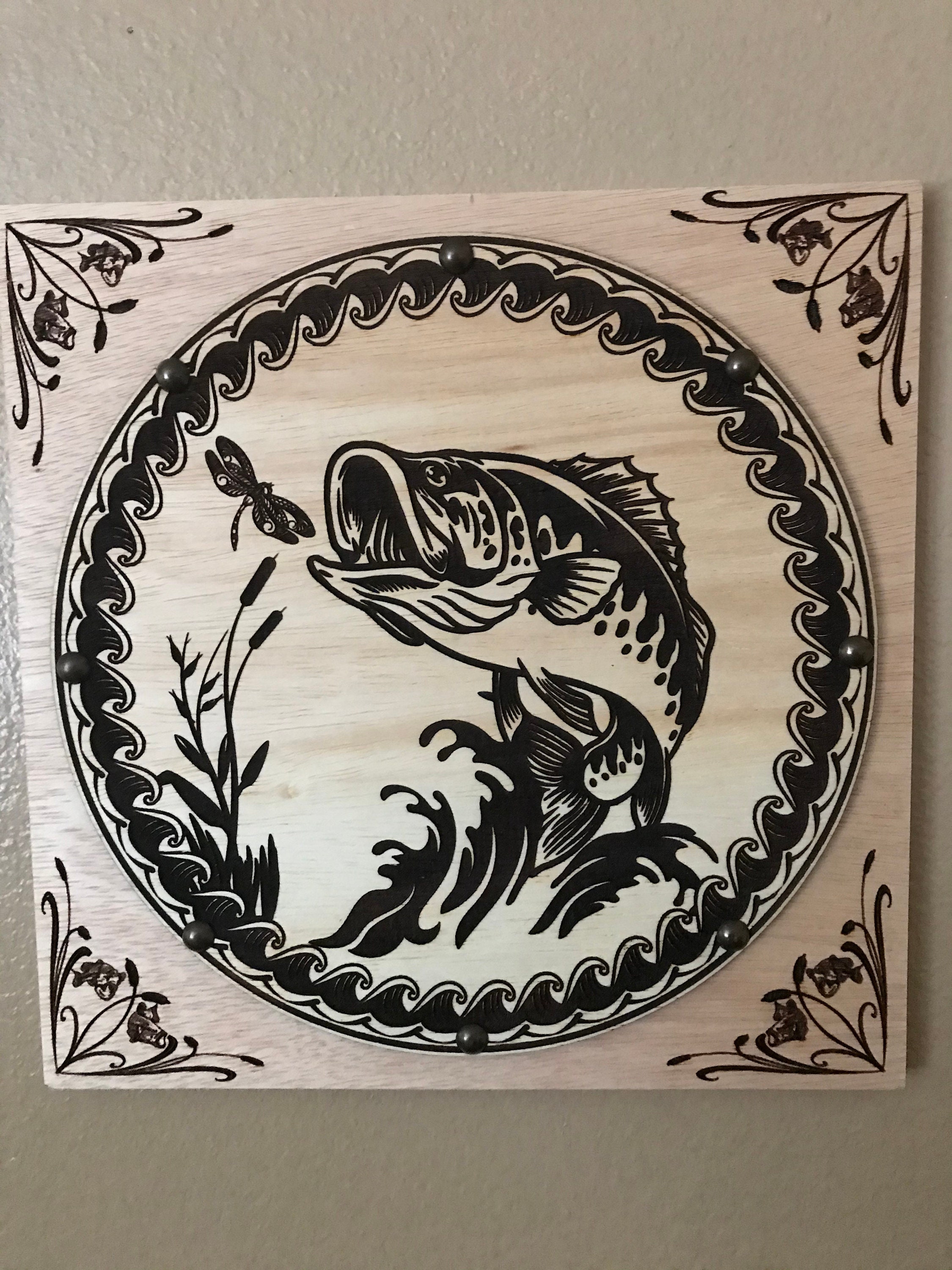 Bass Fish Catching Dragonfly Laser Engraved Wood Hanging Wall | Etsy