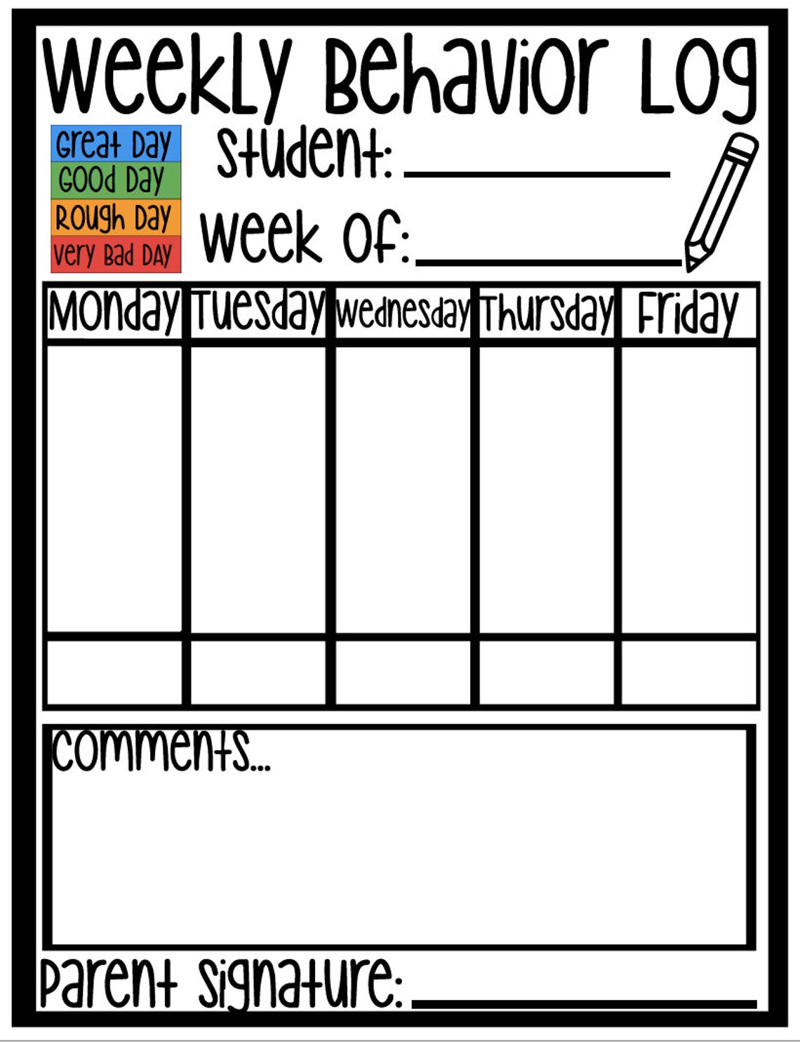 Weekly Behavior Log for Preschool | Etsy