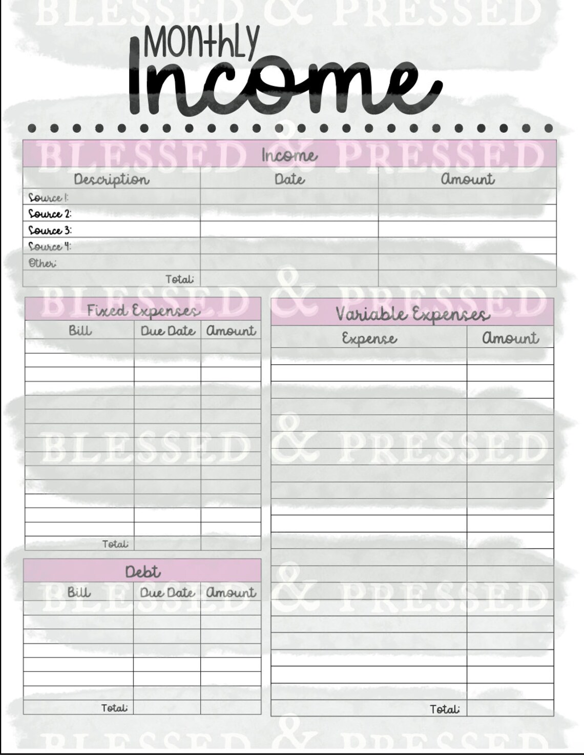 Monthly Income Planner - Etsy