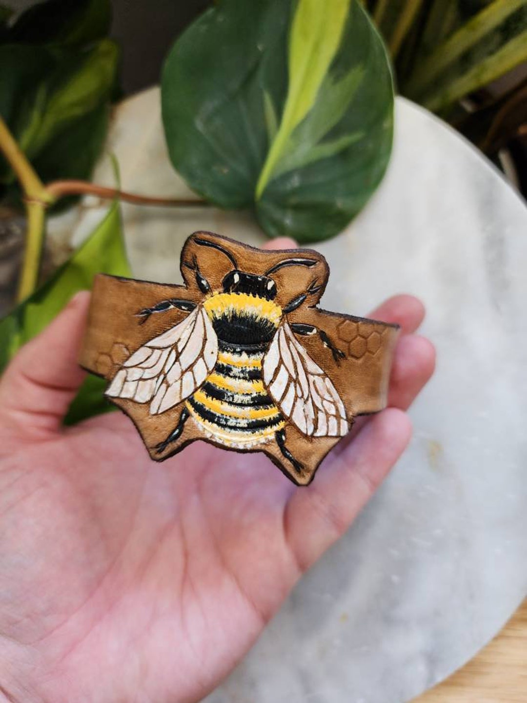 Hand Carved, Veg Tanned Leather Bracelet Cuff. Bumble Bee - Etsy