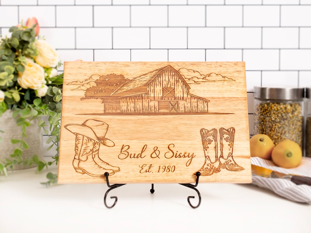 Personalized Barn & Cowboy Boots Cutting Board: Rustic Wedding Gift - Etsy