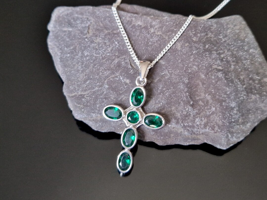 Green Stone Cross Pendant Sterling Silver Necklace - Etsy