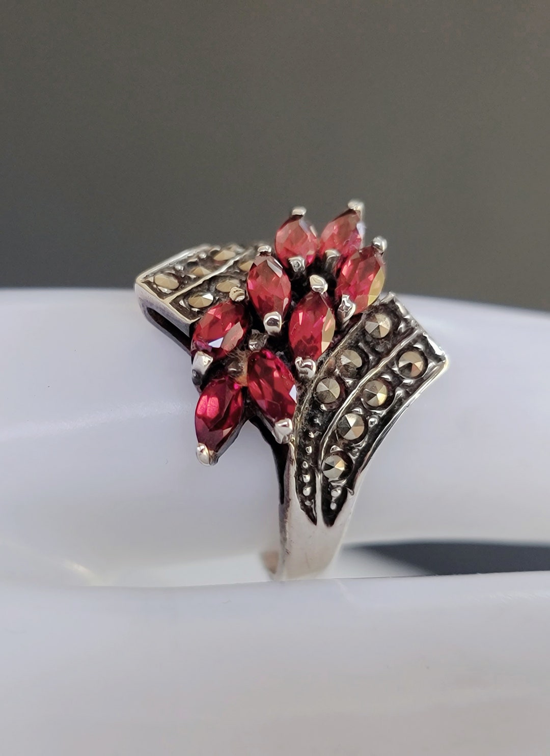 Garnet Leaf Marcasite Ring for Women, Marcasite Ring, Red Garnet Ring ...