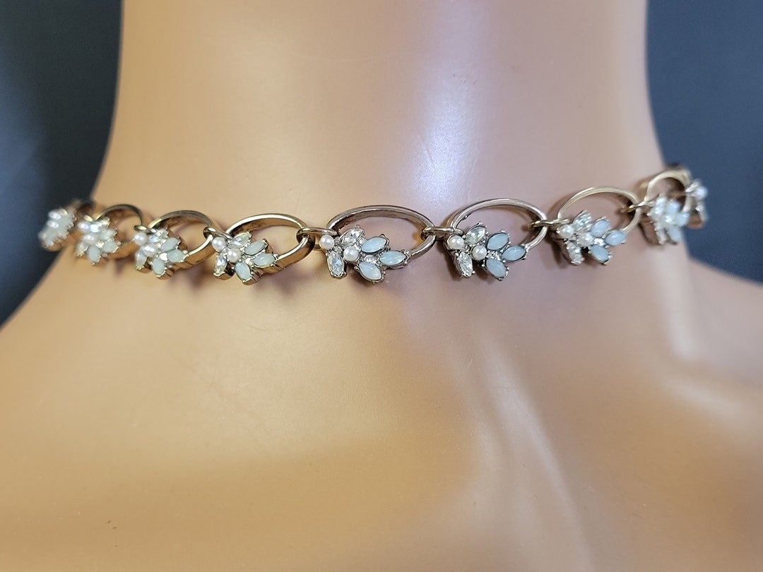 Blue Small Rhinestone Tiny Pearl Link Necklace, Crystal and Pearl ...