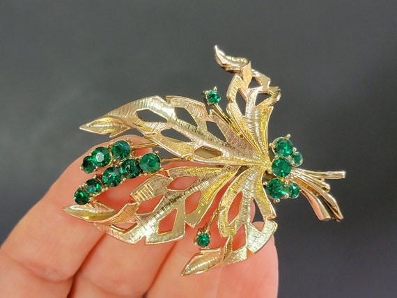 Emerald green rhinestone leaf brooch pin,emerald gree… - Gem