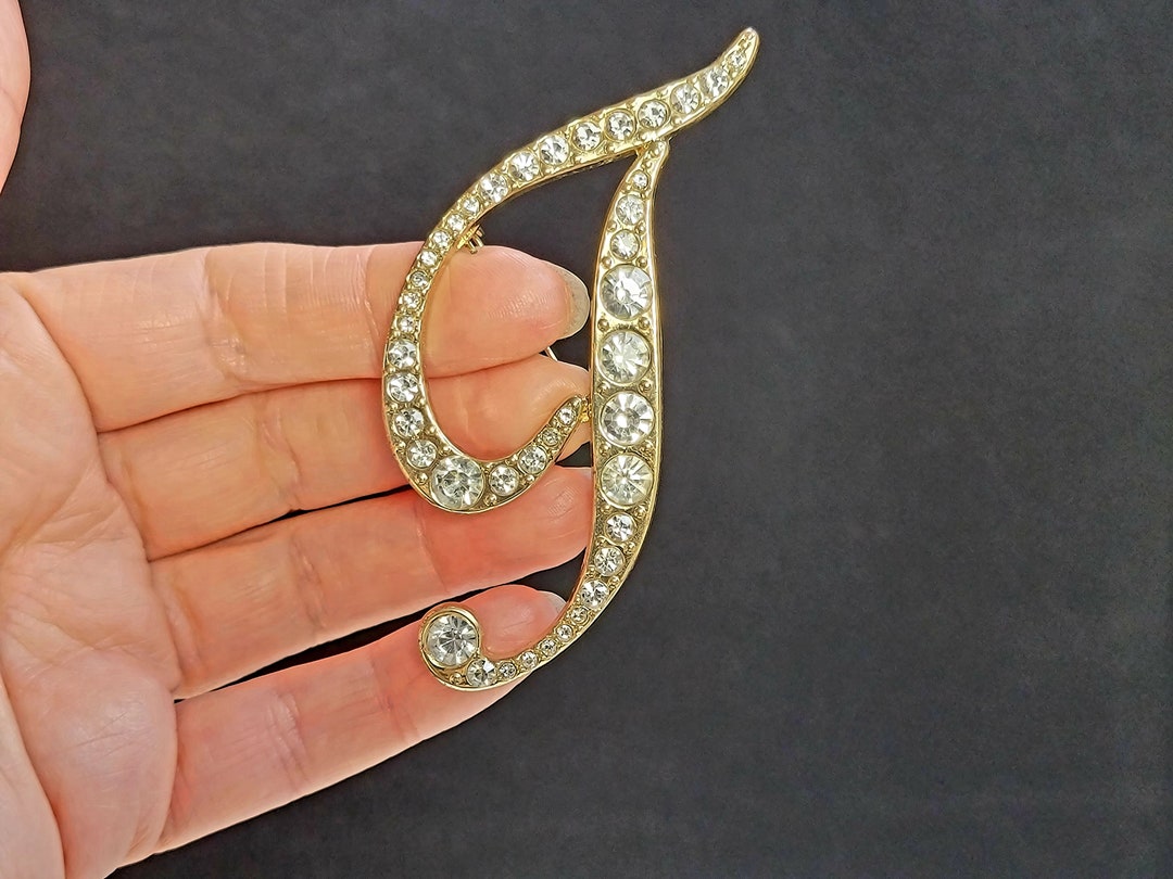 Vintage Large 3' Monogram J Rhinestone Brooch Pin,gold Letter J Brooch ...