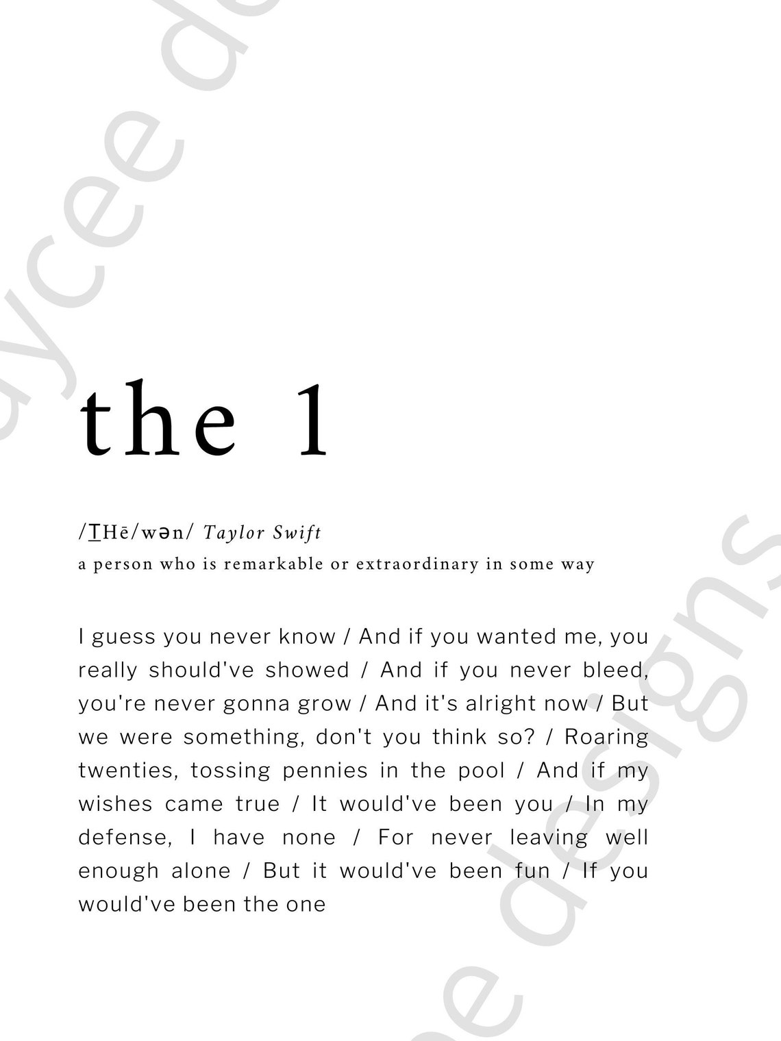 Taylor Swift ~ “the 1” | Lyric Poster | Wall Art | Lyric Art | Quotes ...
