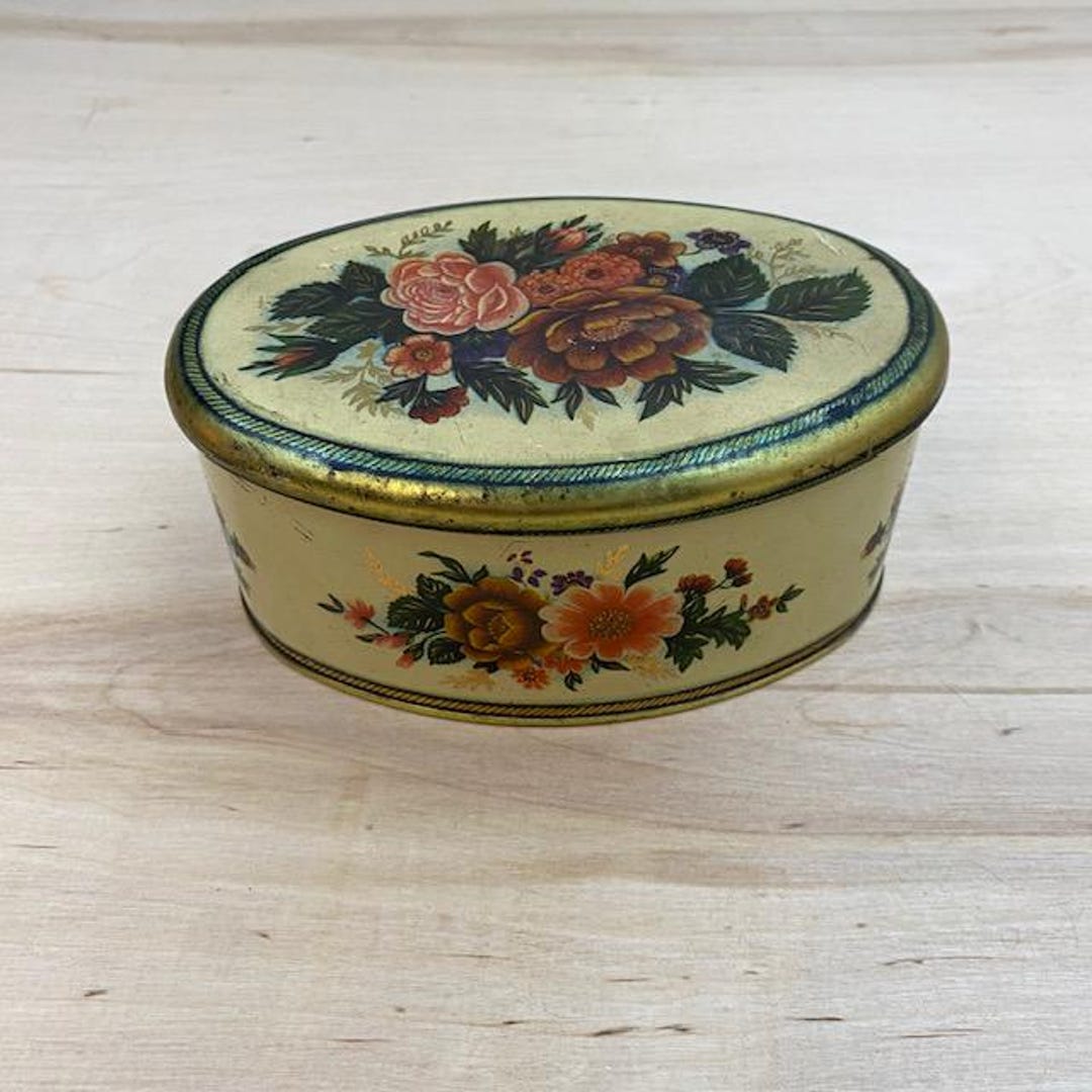Vintage Meister Vintage Floral Oval Tin Box Gold Cream Storage ...