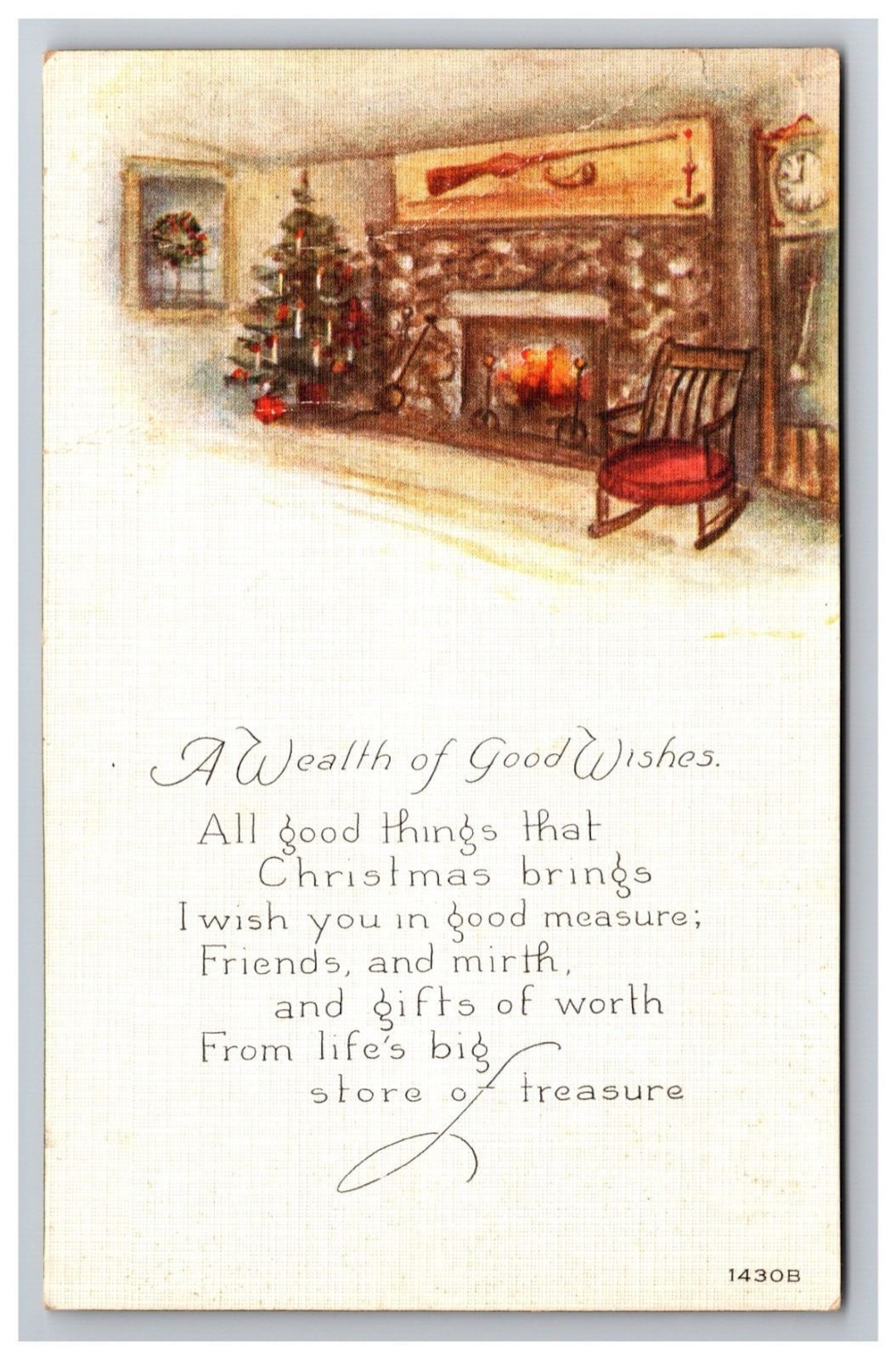 Christmas Holiday Wishes Fireplace Tree Poem Divided Back Antique ...