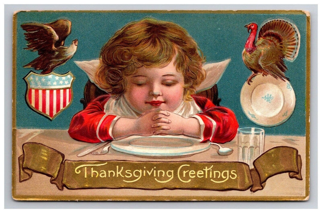 Thanksgiving Praying Angel Patriotic Turkey Eagle Unused Divided Back ...