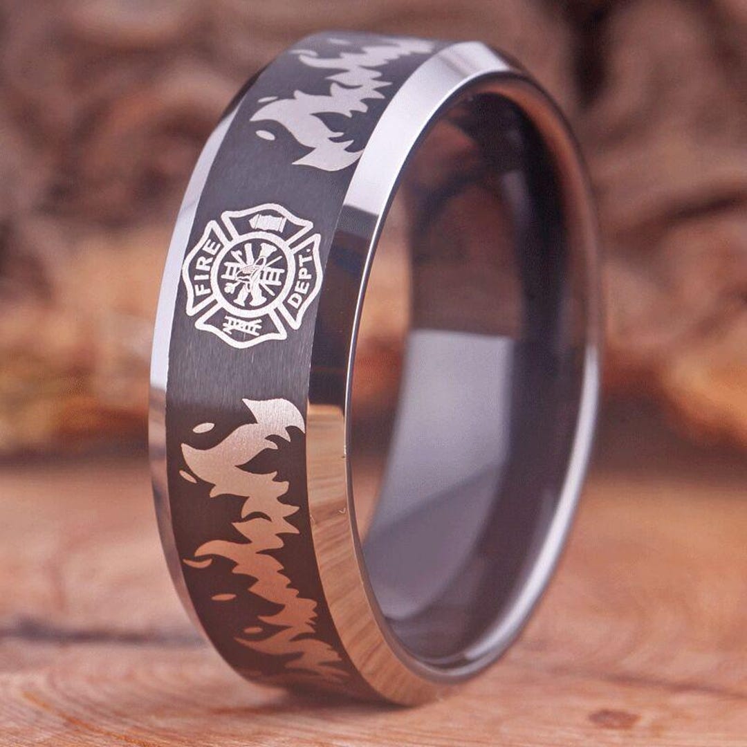 Wedding Band Black Ring Firefighter Ring Fire Officer Fire Police Ring ...