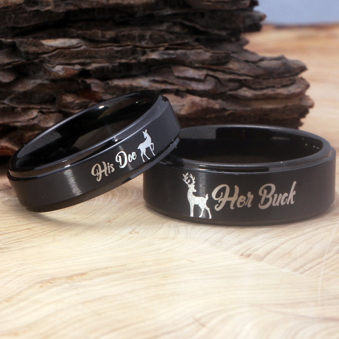 Engraved Deer Ring Buck and Doe Ring Wedding Band Black Tungsten Rings ...