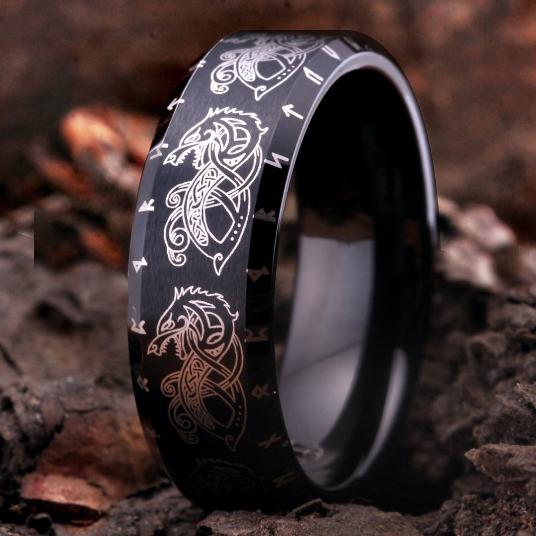 Wolf Black Ring Celtic Knot Viking Wolf Ring Black Wedding Ring Norse ...