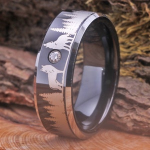 Howling Wolf Ring Black Ring Forest Ring Black Tungsten Carbide With CZ Stone Wolf Ring Wedding ...