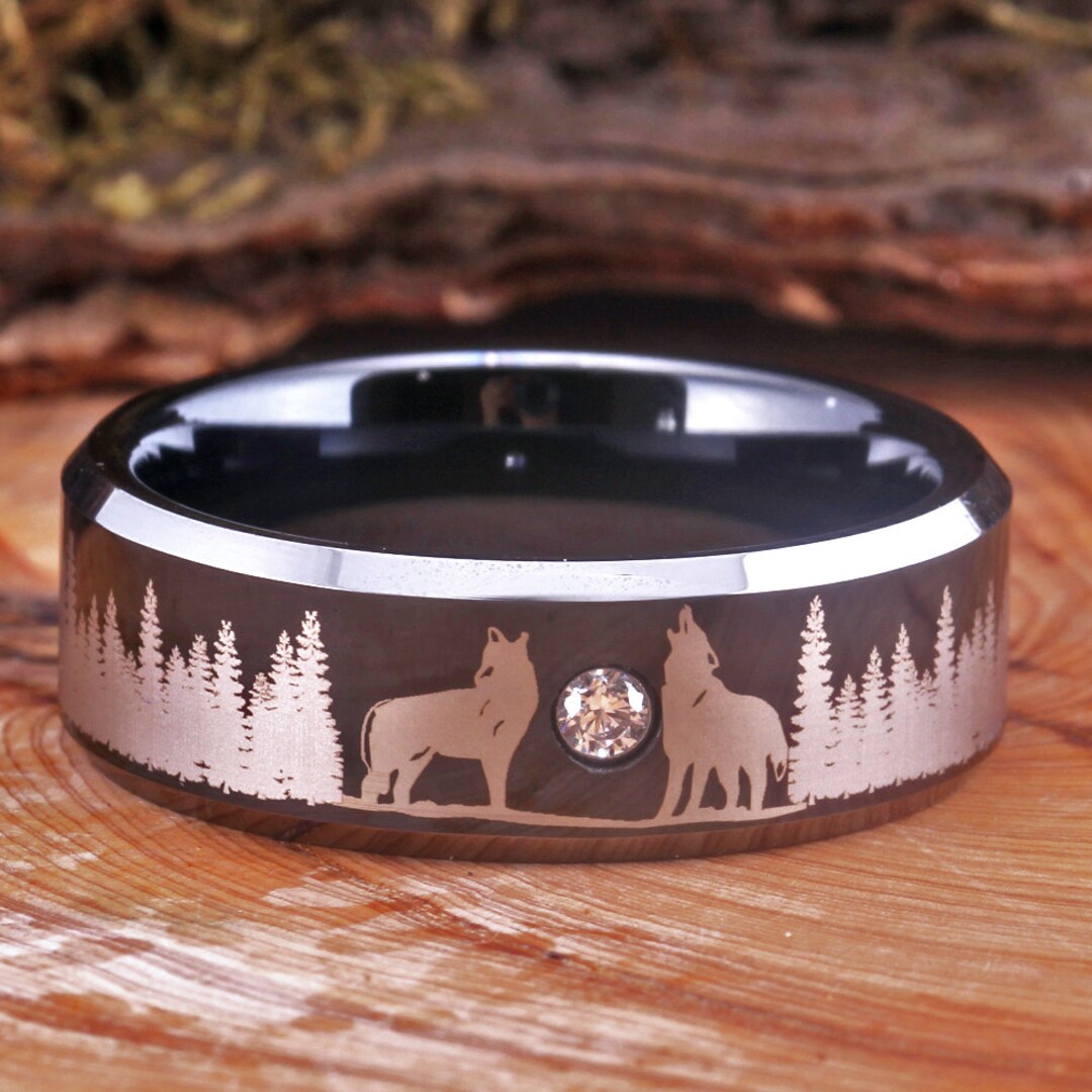 Howling Wolf Ring Black Ring Forest Ring Black Tungsten Carbide With CZ Stone Wolf Ring Wedding ...