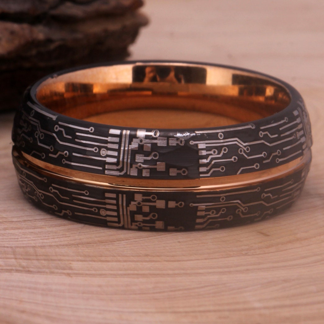 Black Wedding Ring Circuit Board Design 8mm Black Hammered | Etsy