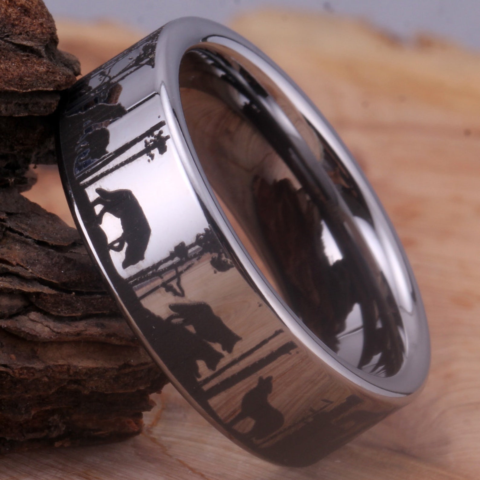 Wolves in Forest Ring Tungsten Howling Wolf Forest Landscape - Etsy