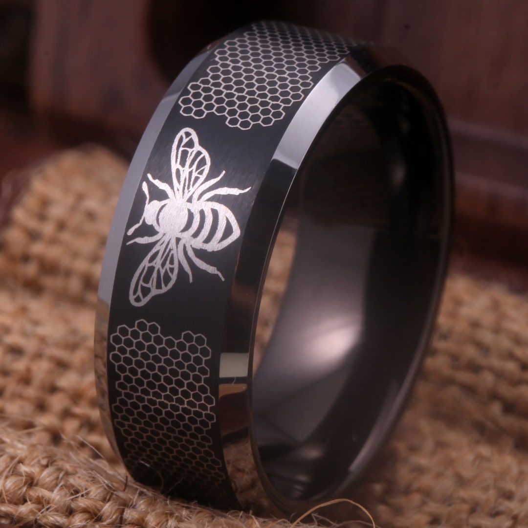 Bee Ring Black Tungsten Wedding Bee Ring Honeybee Ring Honeycomb Ring ...