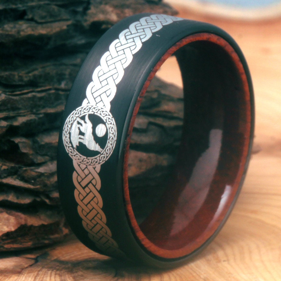 Wolf Ring Black Wedding Ring Celtic Knot With Howling Wolf | Etsy