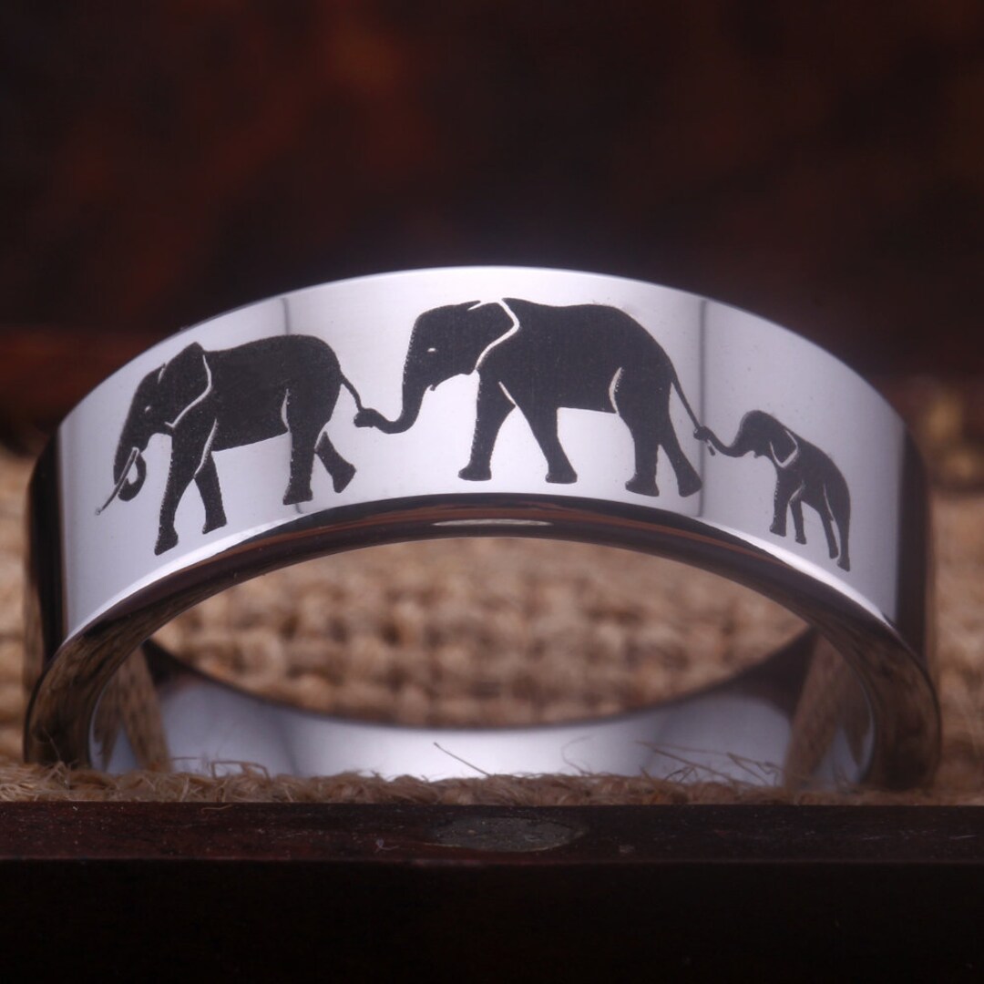 Elephant Family Engraved Wedding Ring Silver Tungsten Ring Mens Women's ...